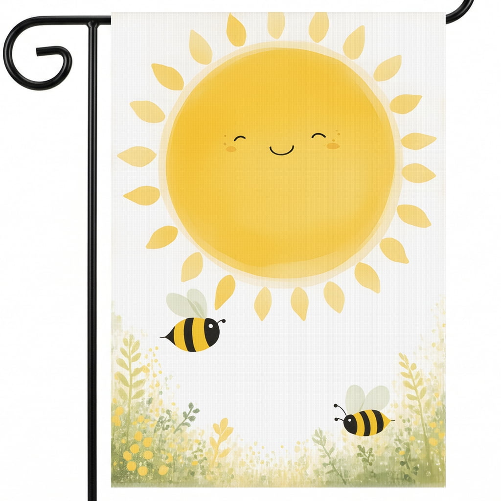 summer flags for outside A smiling sun with two bees flying around it ...