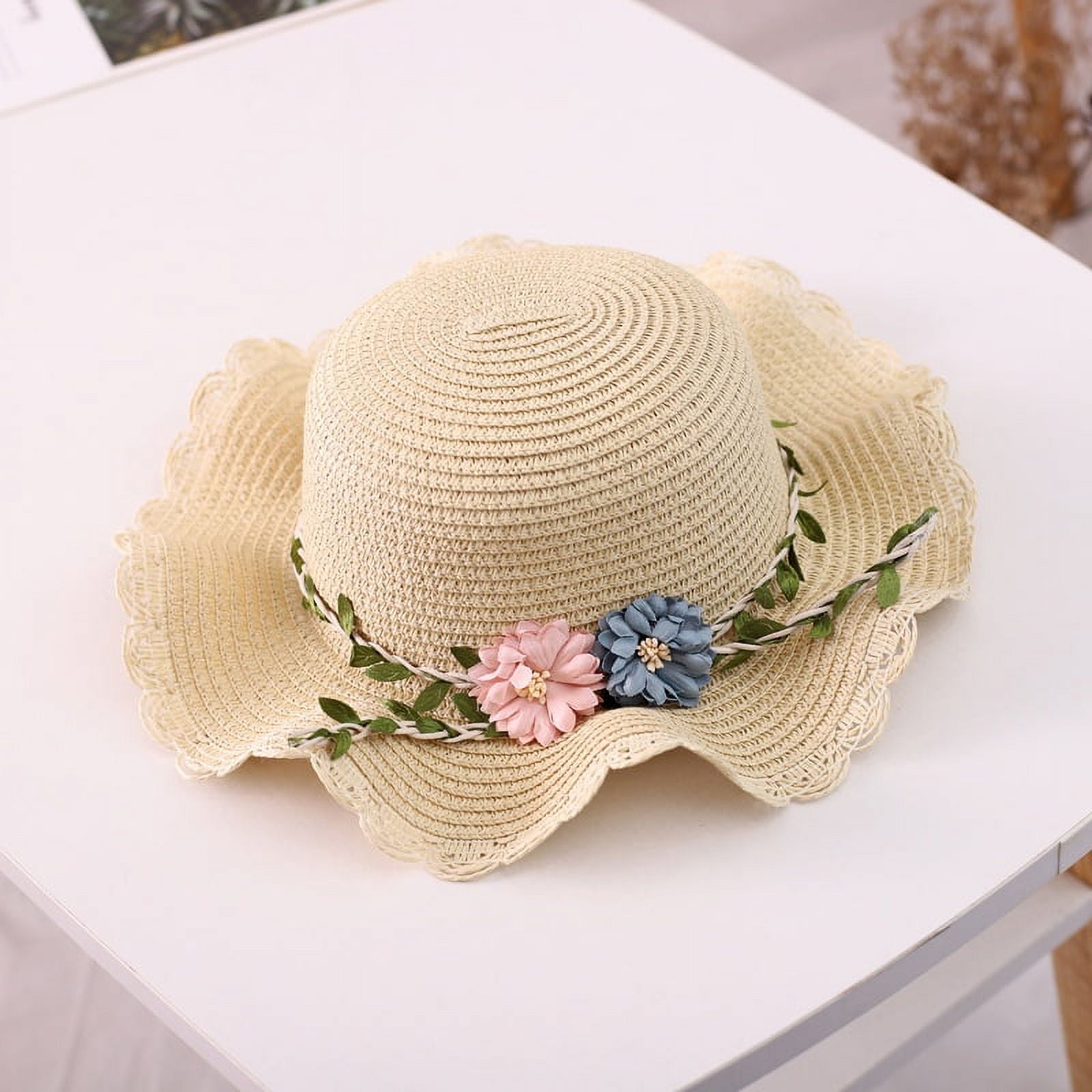 summer girls boho flower straw beach hat kids sun protection wide brim ...