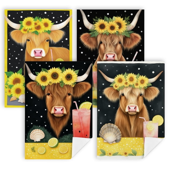 summer hand towels for bathroom A cow with a drink and sunflowers on ...