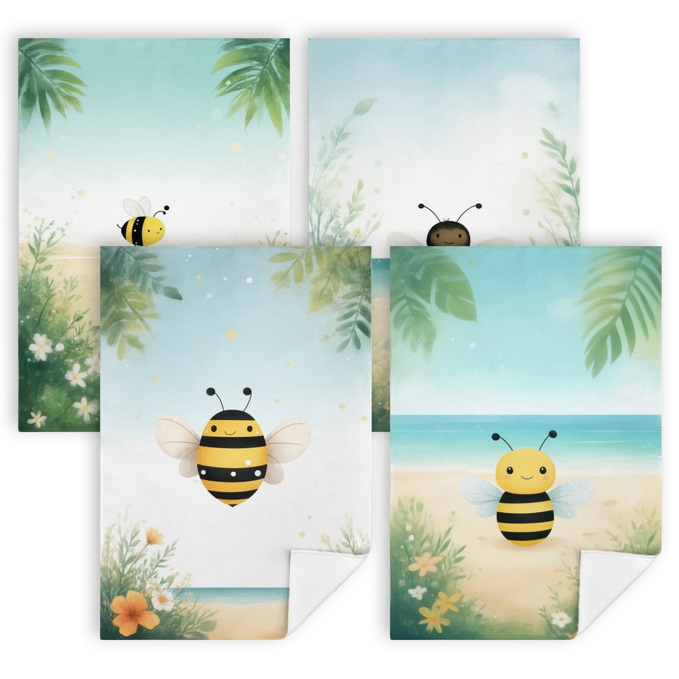summer kitchen towels A cartoon bee flying over a field of flowers tea ...