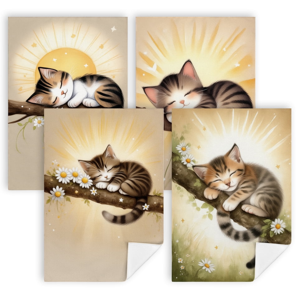 summer kitchen towels A cat sleeping on a tree branch with daisies ...