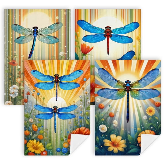 summer kitchen towels A painting of two blue dragonflies on a striped ...