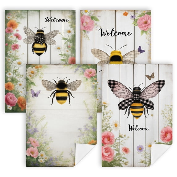 summer kitchen towels A picture of a bee flying over a field of flowers ...