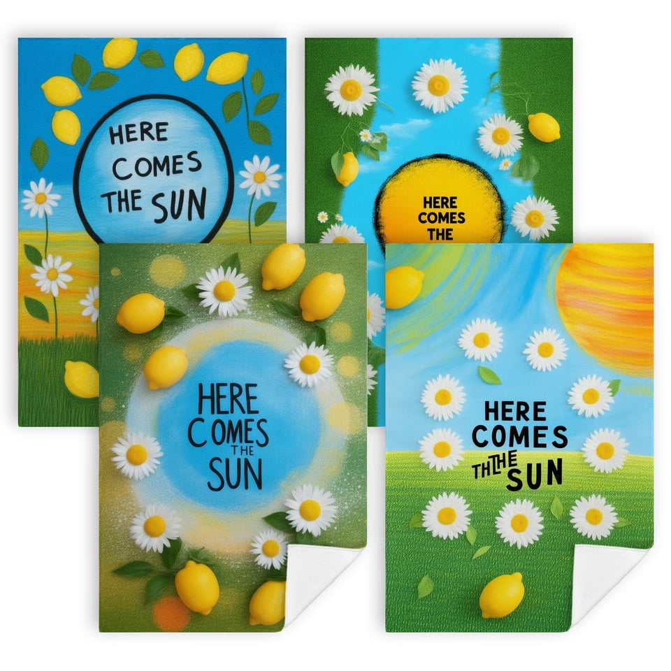 summer kitchen towels A painting of lemons and daisies with the words ...