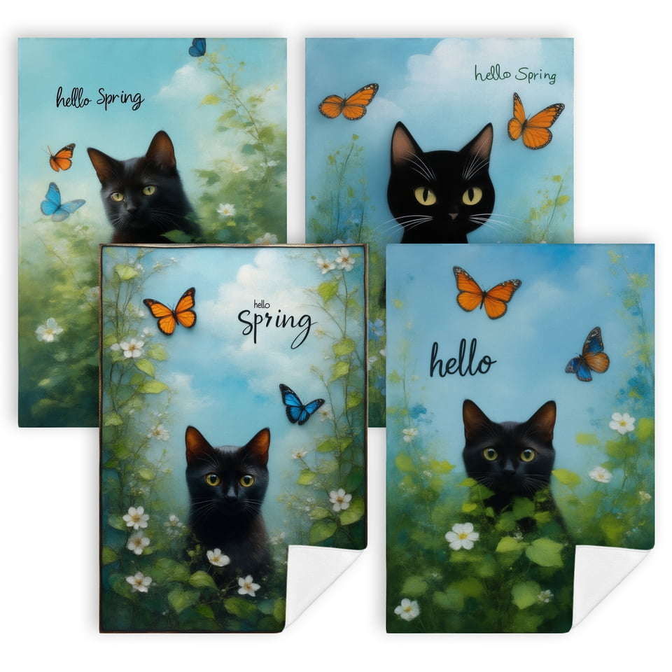summer tea towels A black cat sitting in a field of flowers and ...