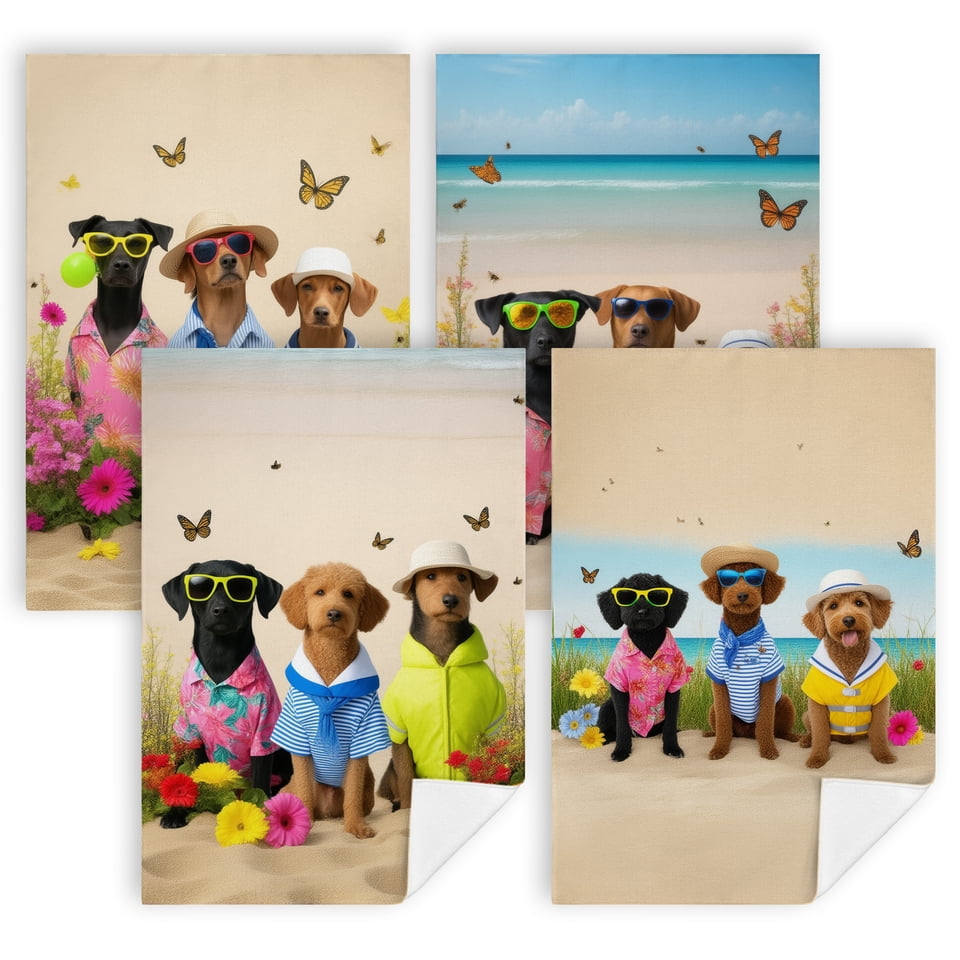 summer tea towels A group of three dogs wearing sunglasses and hats on ...