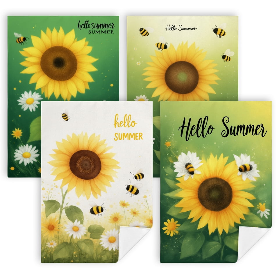 summer tea towels A painting of a sunflower with bees and daisies small ...