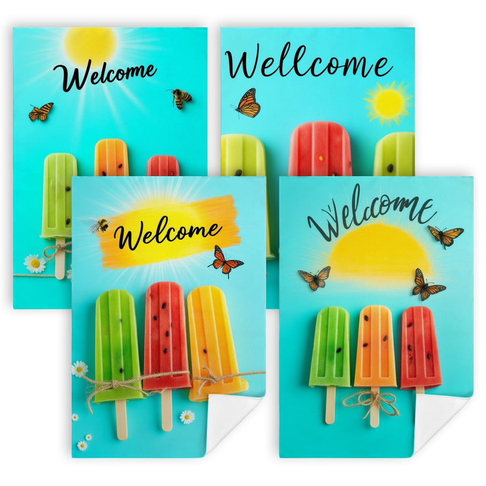 summer tea towels Three popsicles with the word welcome written on them ...