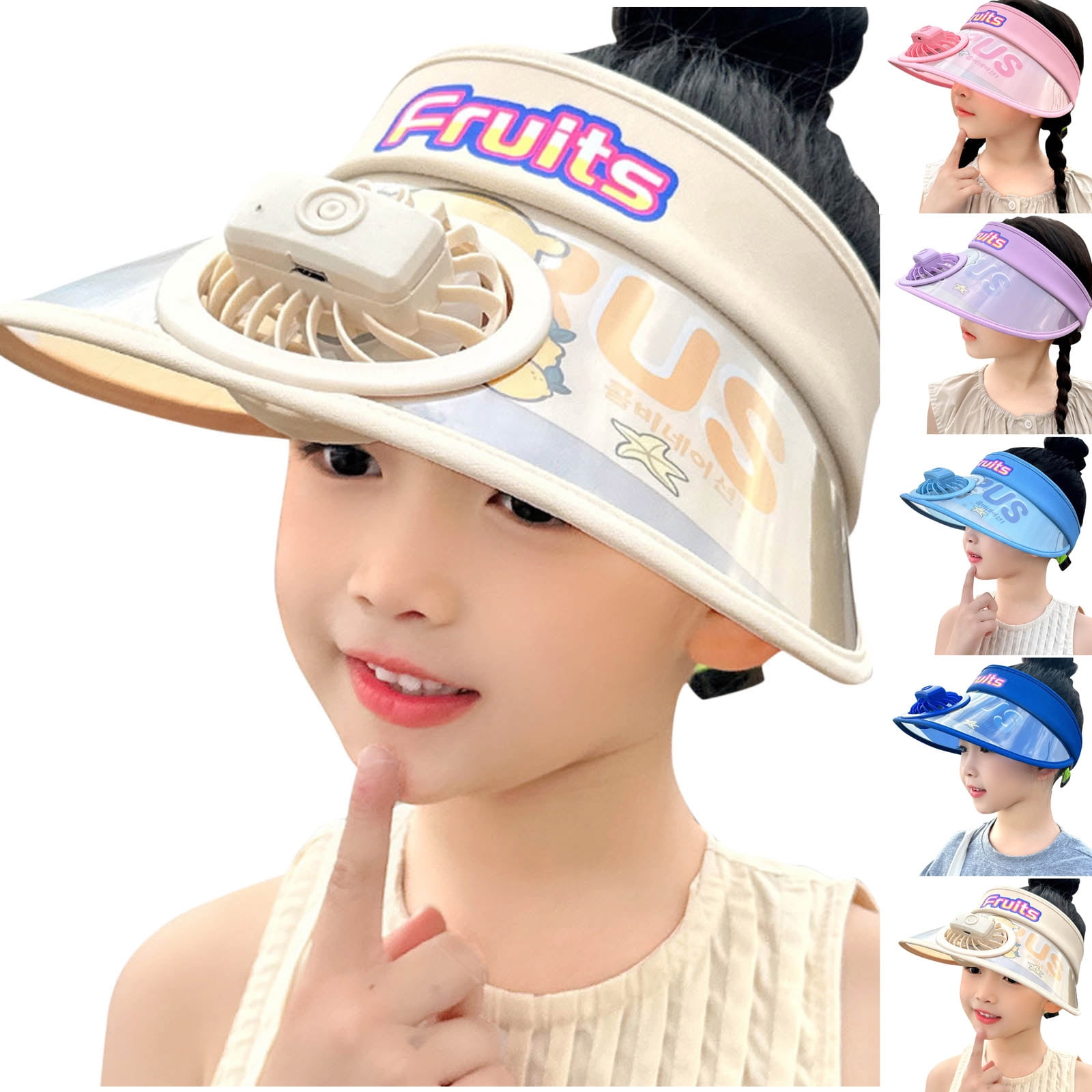 sun visor hat with fan for kids built in usb charging fan fruit print ...