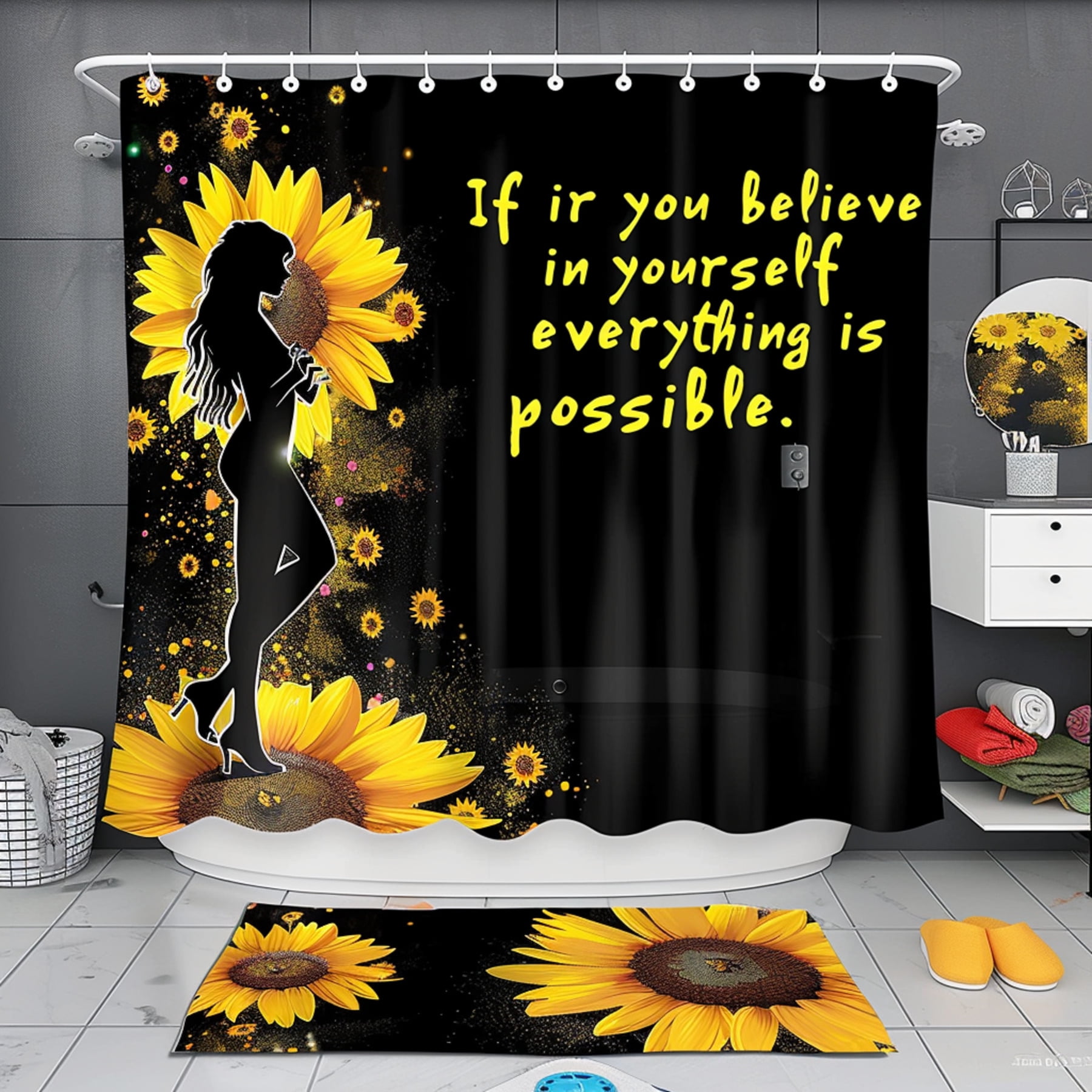 Sunflower Woman Silhouette With Motivational Quote On Black Background