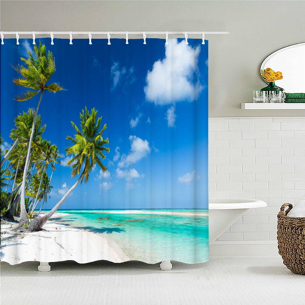 sunny beach seaside scery 3D printing shower curtain sea ocean palm ...