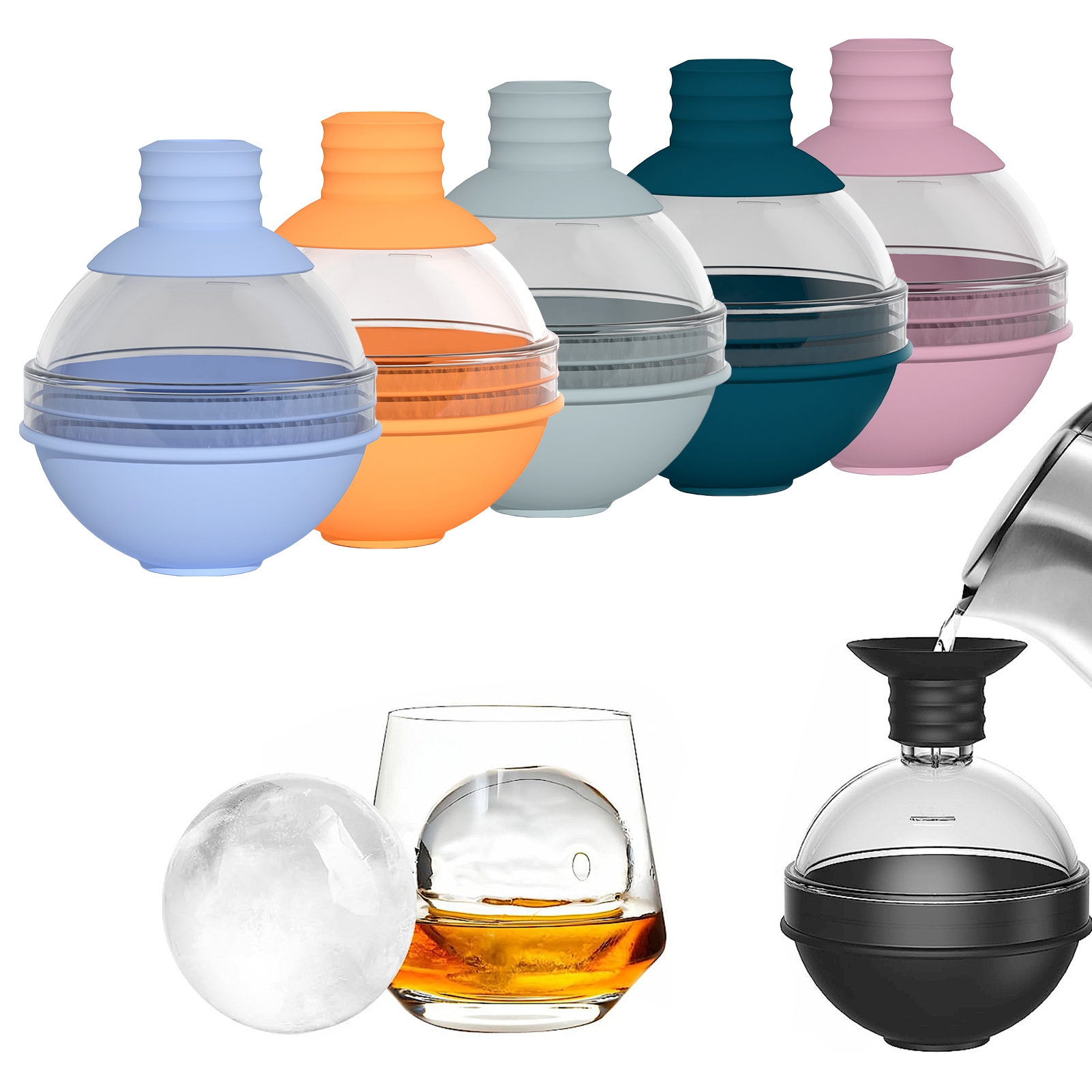 sunsanly 1/4 Pack Ice Ball Mold with Funnel Lid BPA-Free Silicone Ice ...