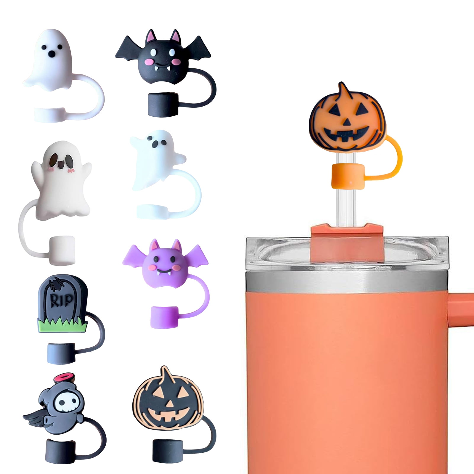 sunsanly 12Pcs Halloween Silicone Straw Topper Reusable Straw Cover Cap ...