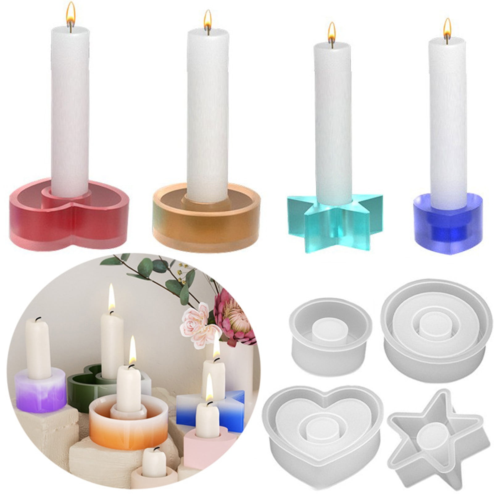 sunsanly 2/3/4/6Pcs Silicone Candle Holder Mold Round Star Heart Shape ...