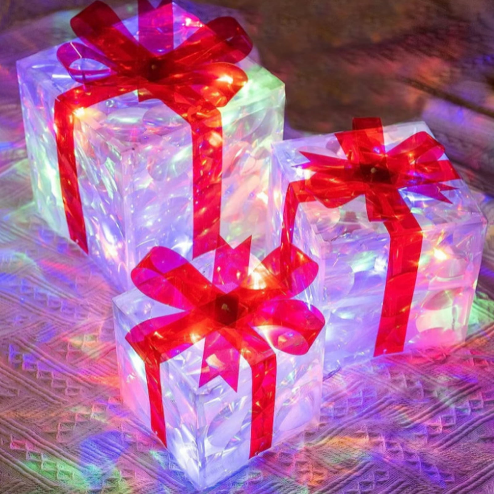 sunsanly 3Pcs/Set LED Christmas Gift Box Red Bow Snowflake Pattern ...