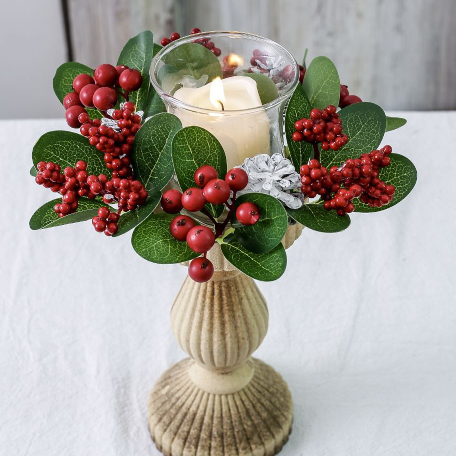 sunsanly Christmas Candle Ring Artificial Pinecones Red Berries ...