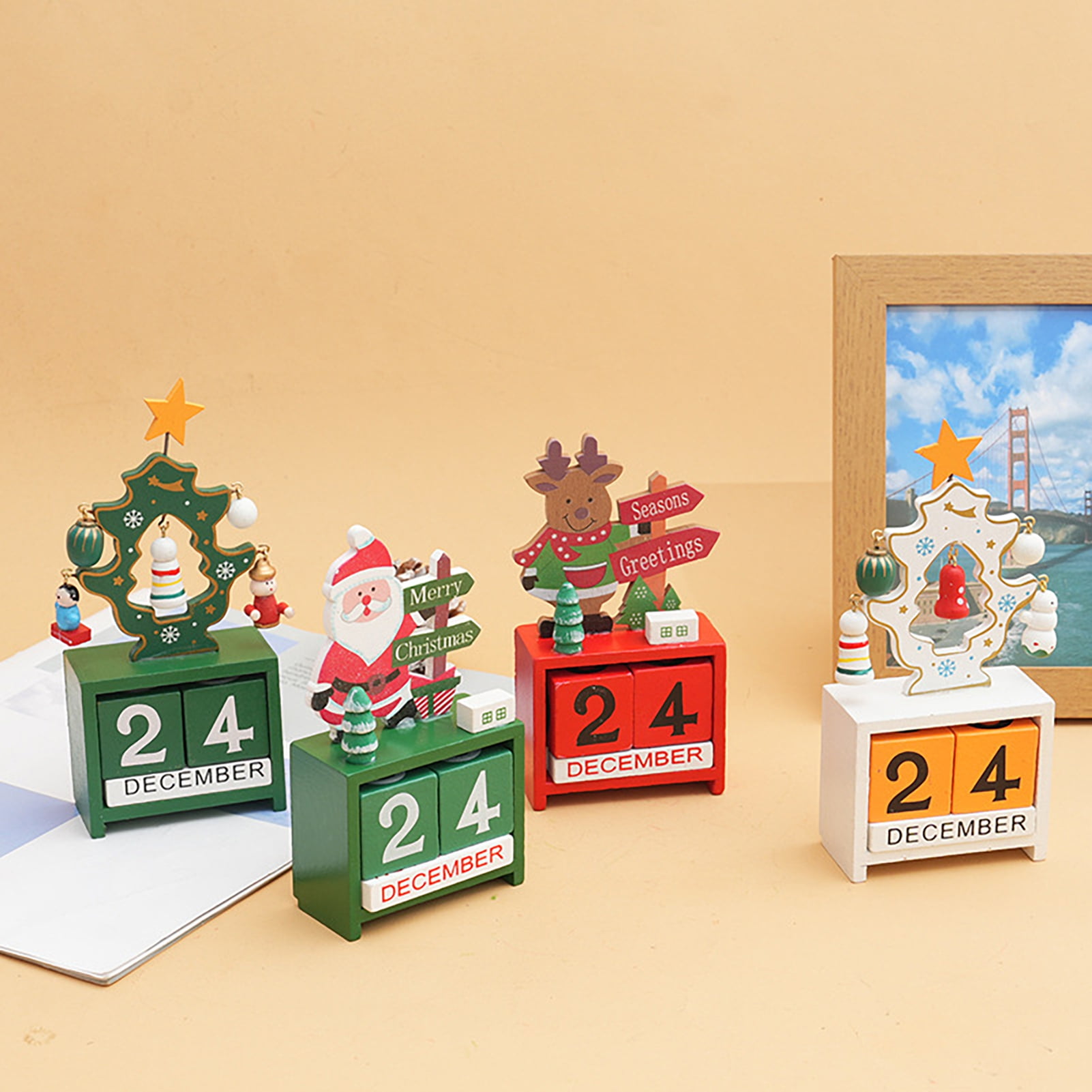 sunsanly Christmas Wooden Desktop Calendar Santa Snowman Reindeer Tree ...