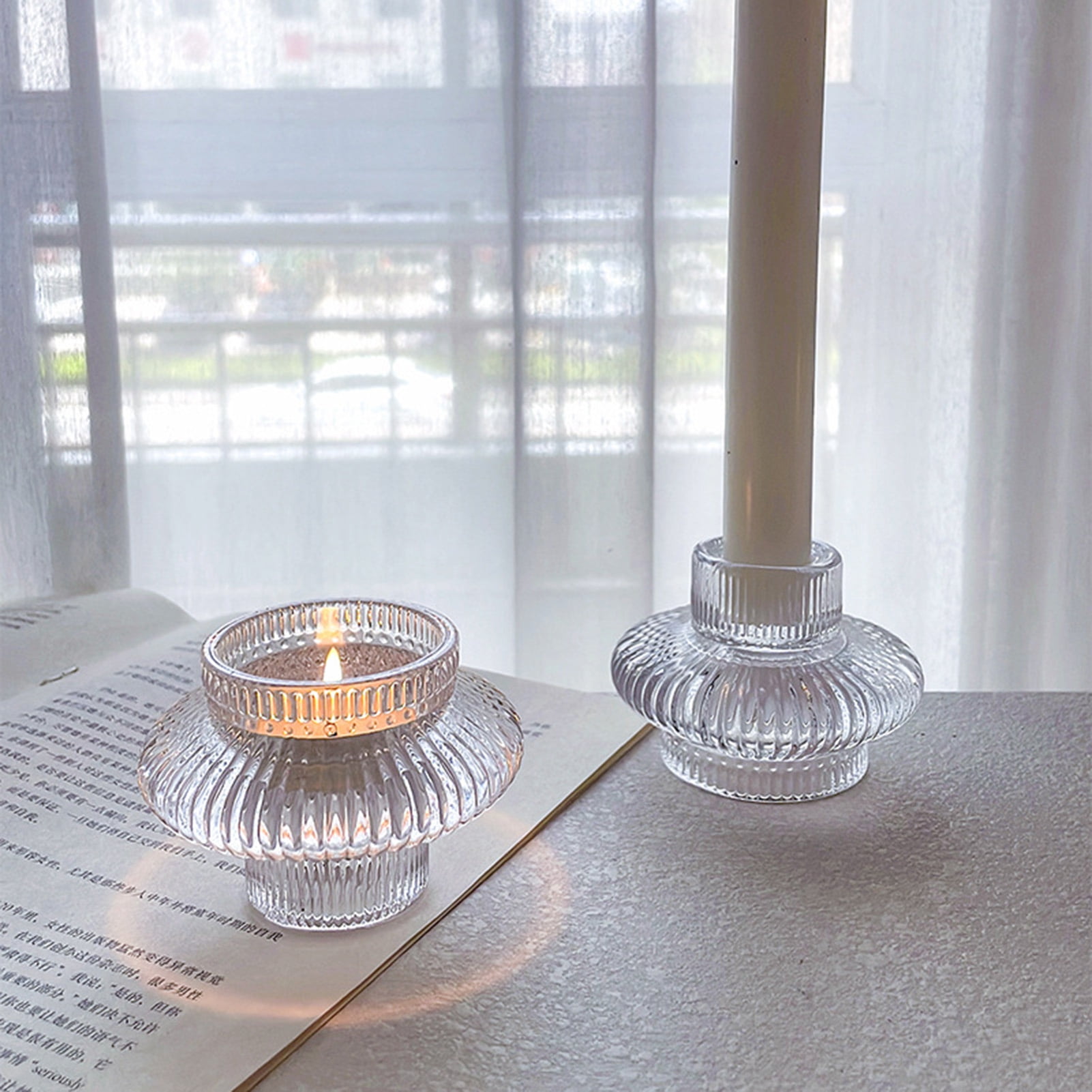 sunsanly Double-sided Glass Candle Holder Clear Taper Pillar Tealight ...