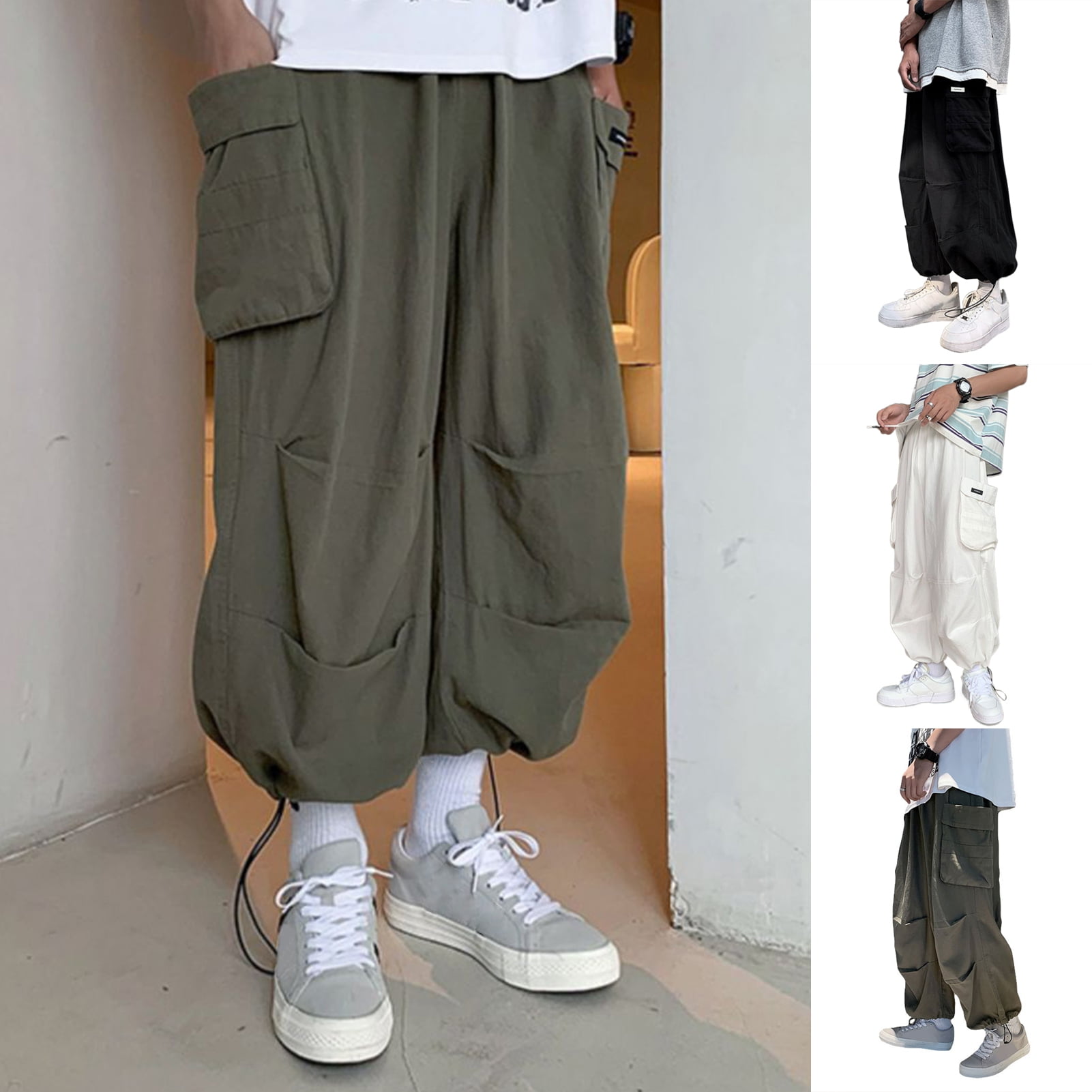 sunsanly Drawstring Elastic Waistband Big Pockets Men Pants Loose Hip ...