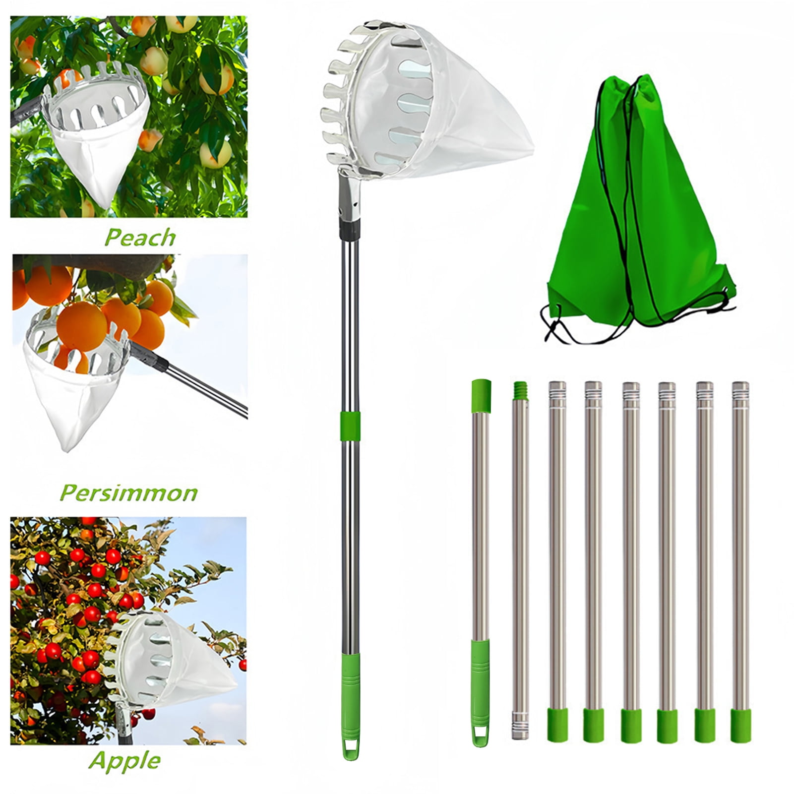 sunsanly Fruit Picker Pole with Storage Bag Fruit Grabber Home Gardening Orchard Tool for Pear ...