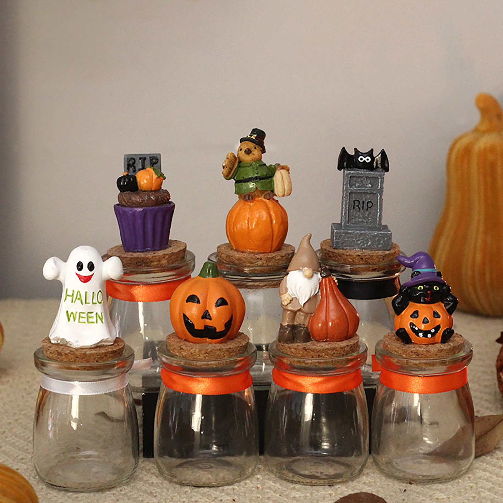 sunsanly Halloween Candy Jar Small Glass Jar with Lid Bat Pumpkin Sculpture Halloween Decoration ...