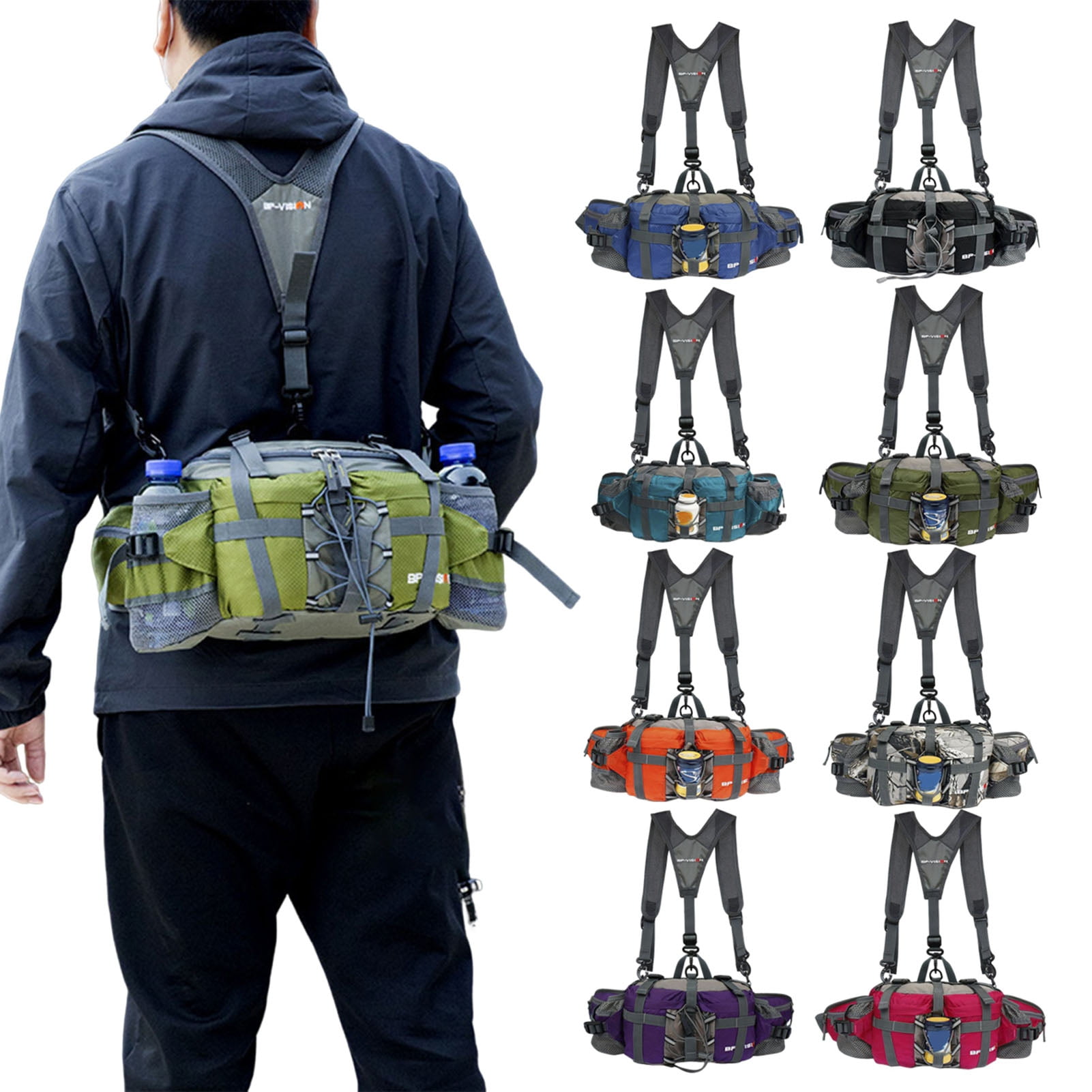 sunsanly Hiking Fanny Pack Waterproof Outdoor Waist Bag with 2 Water ...