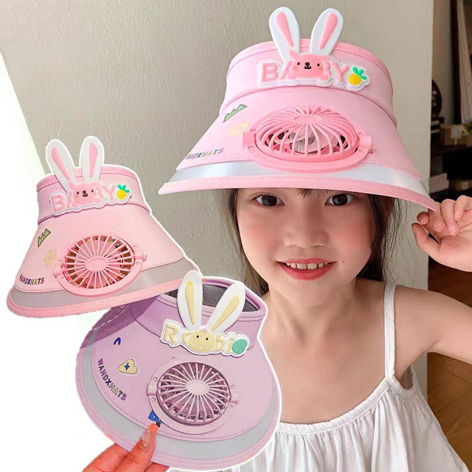 sunsanly Kids Fan Sun Visor Hat Cartoon Bunny Breathable Summer UV ...