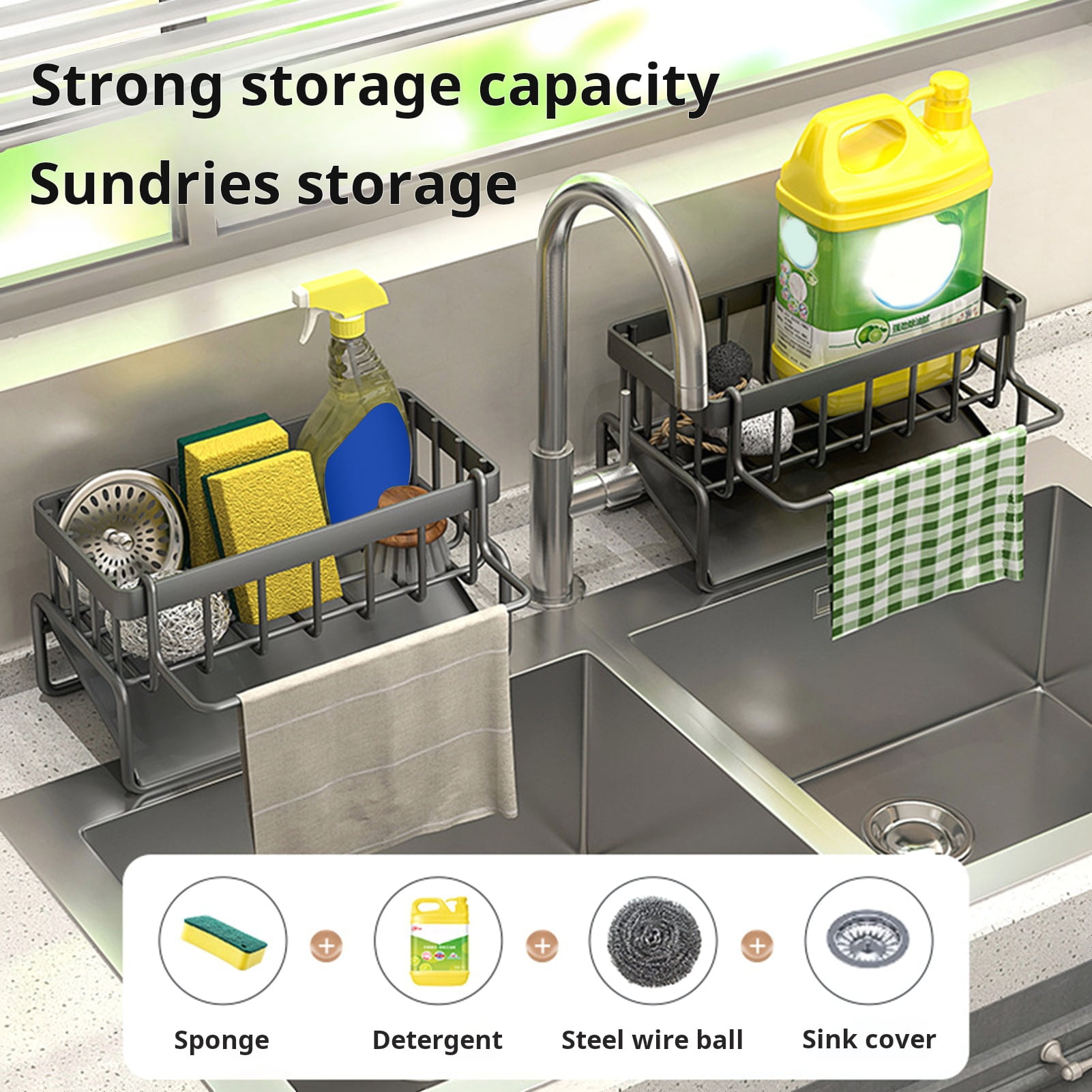 sunsanly Kitchen Sink Caddy Sponge Holder with Draining Tray Strong ...