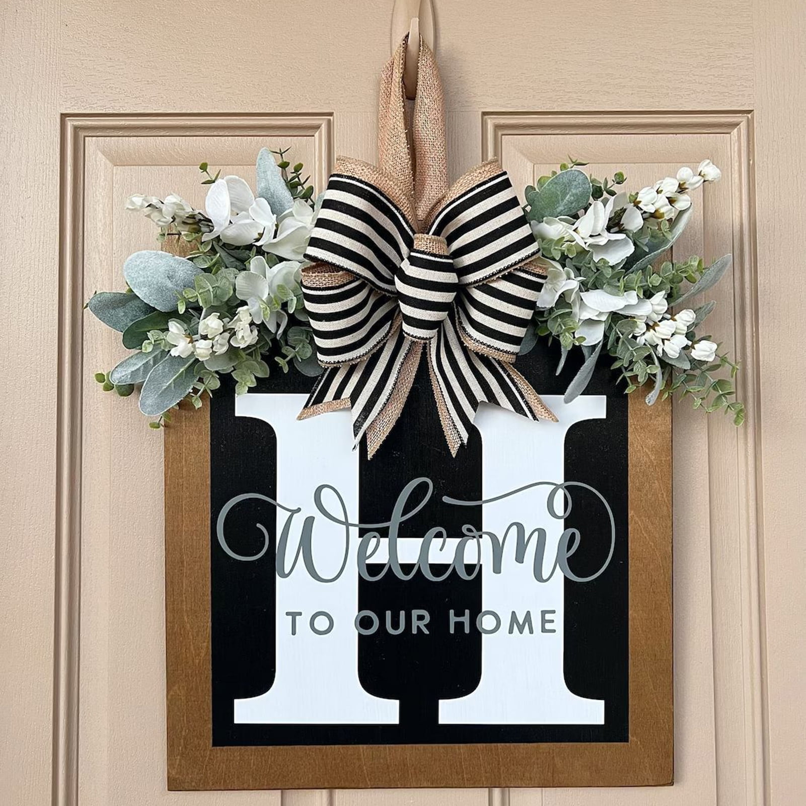sunsanly Letter H Wooden Door Sign with Artificial Flower Stripe Bow ...