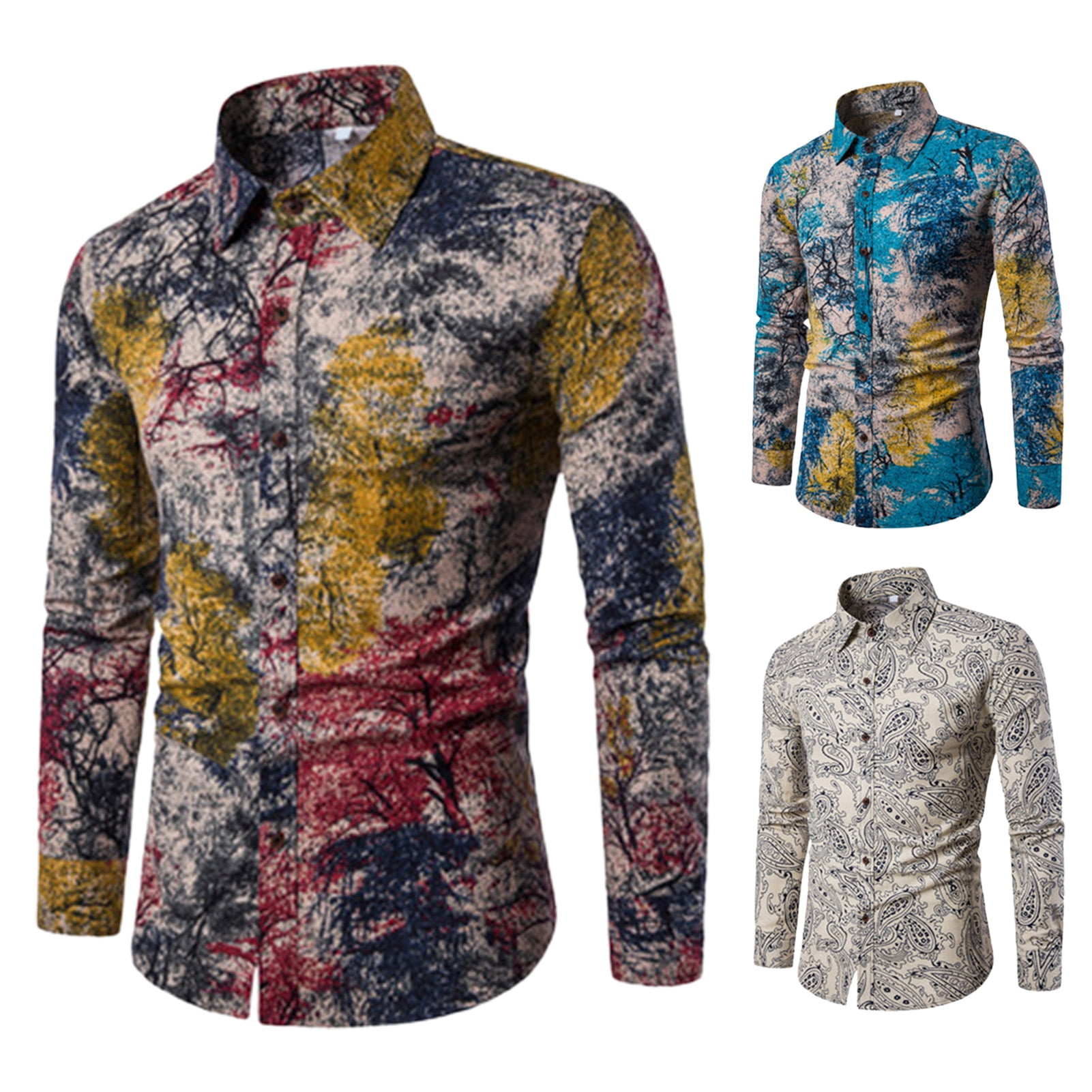 sunsanly Men Spring Shirt Artistic Floral Print Long Sleeves Slim Fit ...