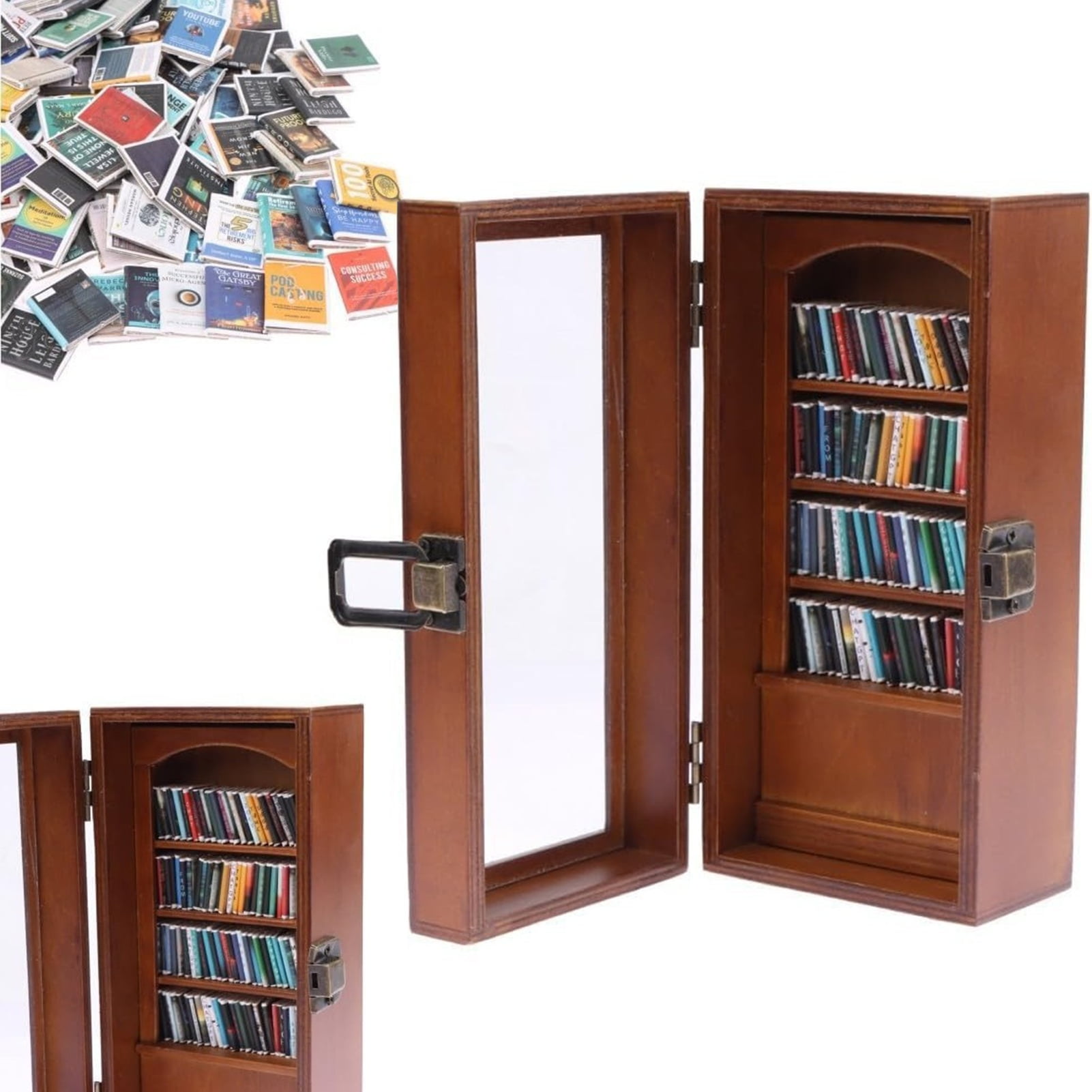 sunsanly Mini Bookcase with 80 Tiny Book Model Wooden Miniature ...