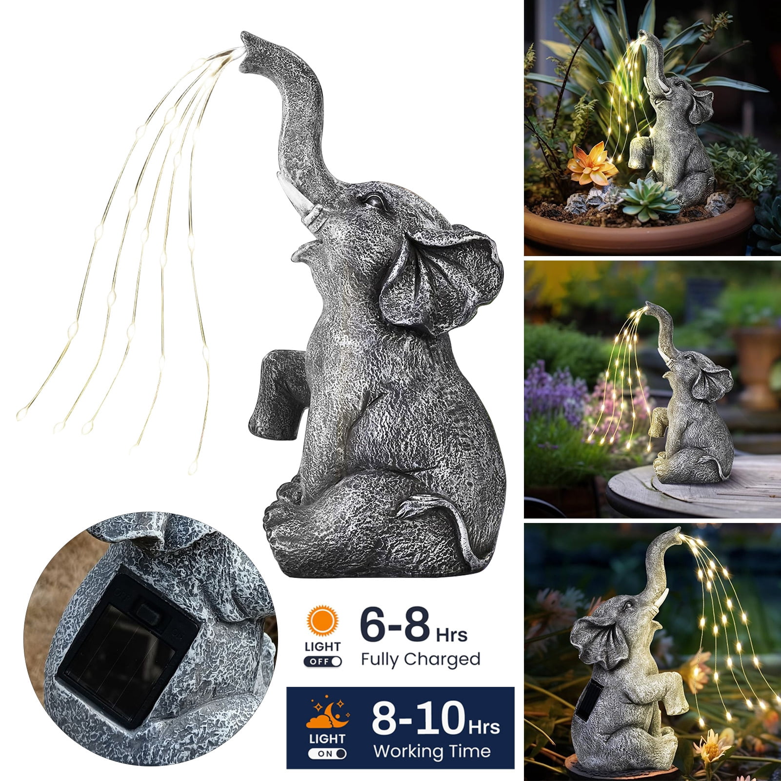 sunsanly Outdoor Garden Solar Elephant Figurine Weather-proof Yard ...