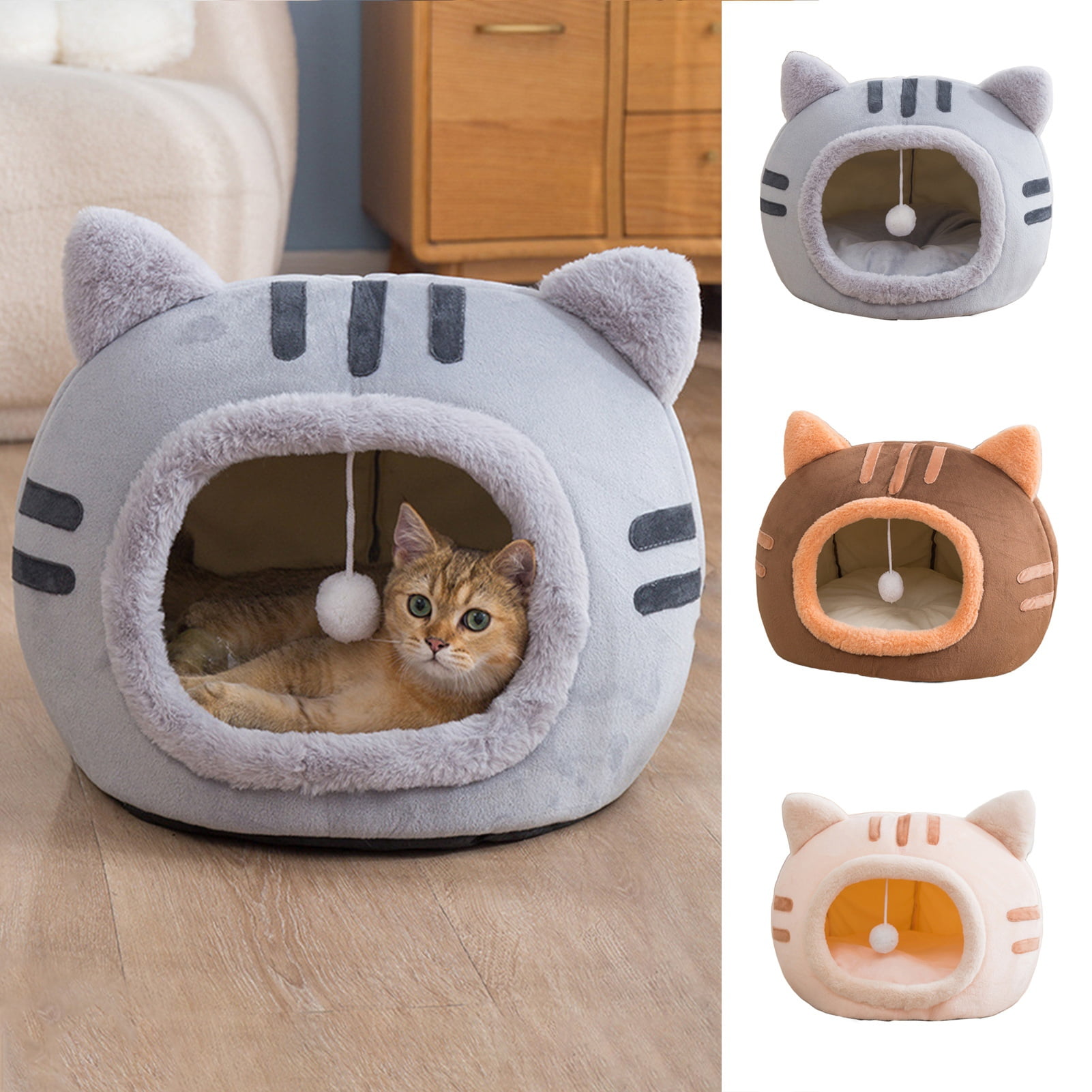 sunsanly Pet Waterloo Cat Head Shape Pet Bed with Hanging Plush Ball ...
