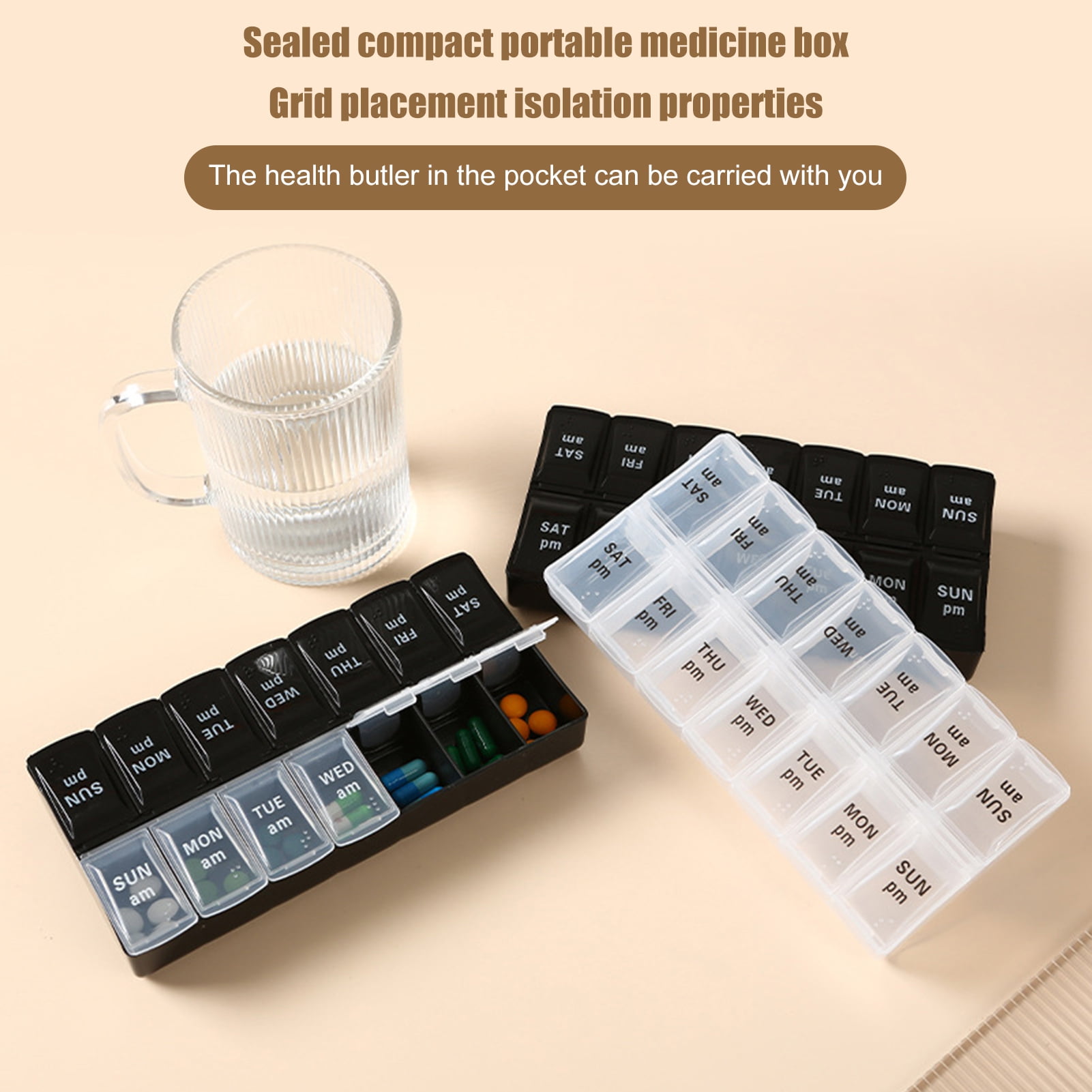 sunsanly Pill Organizer with Letters Double Rows 14 Grids Independent ...