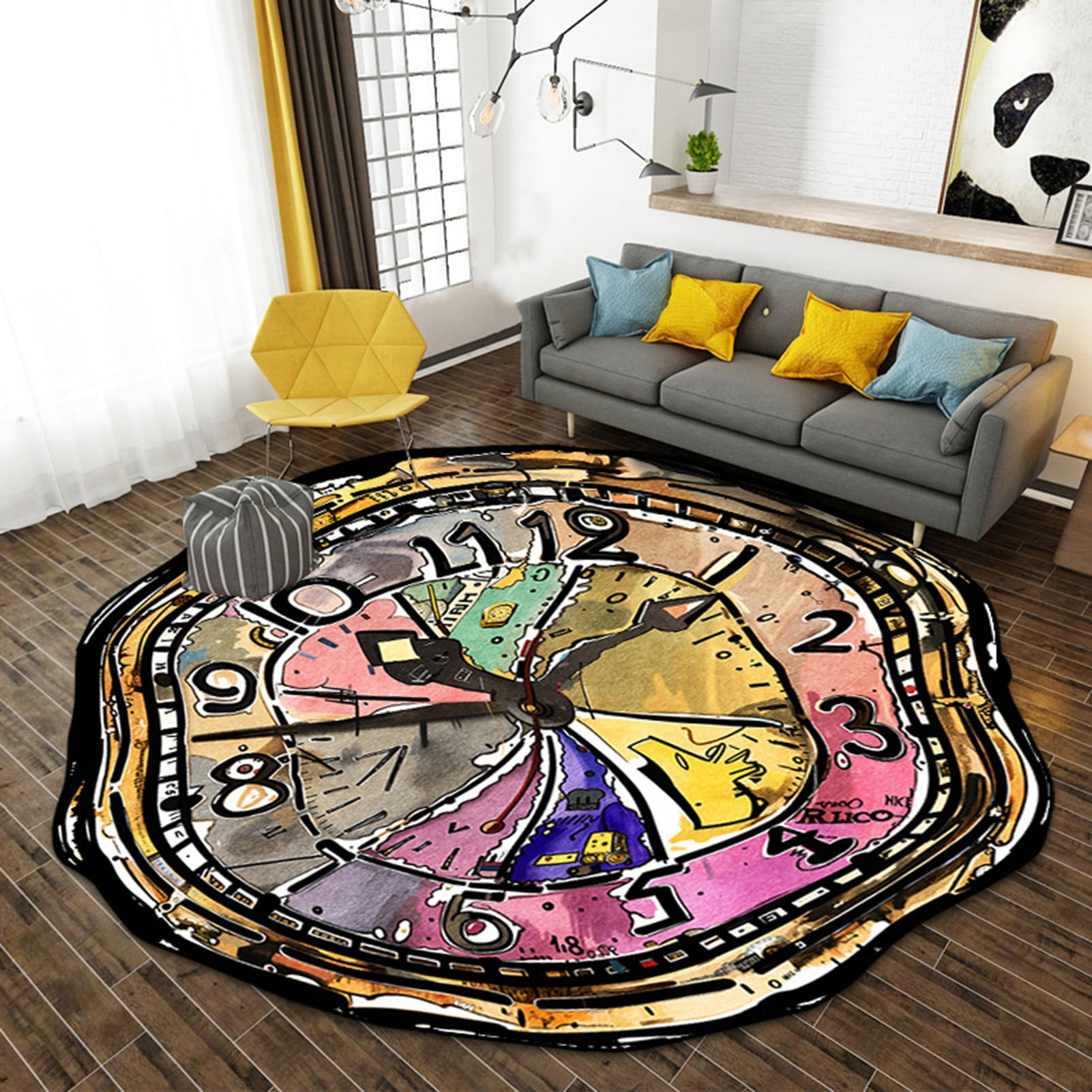 sunsanly Retro Clock Carpet with Non-Slip Base Round Shape Rich Pattern ...