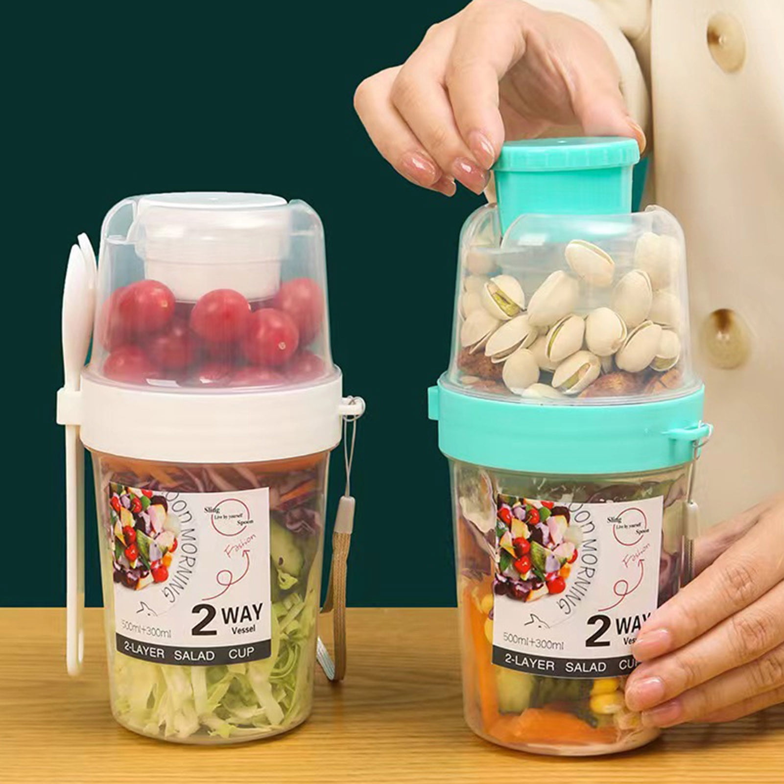 sunsanly Salad Box Transparent Portable Separated Two Compartments ...