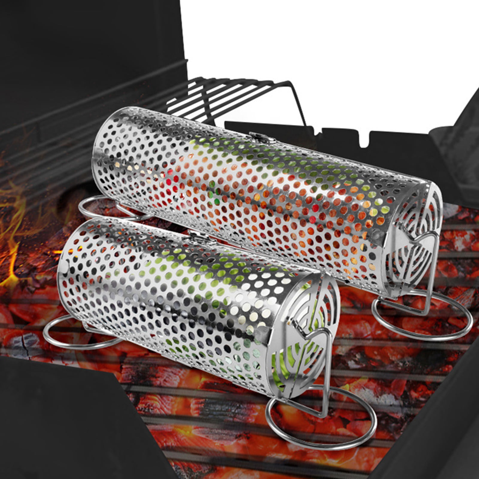 sunsanly Stainless Steel Rolling Grill Basket for Outdoor BBQ Evenly ...