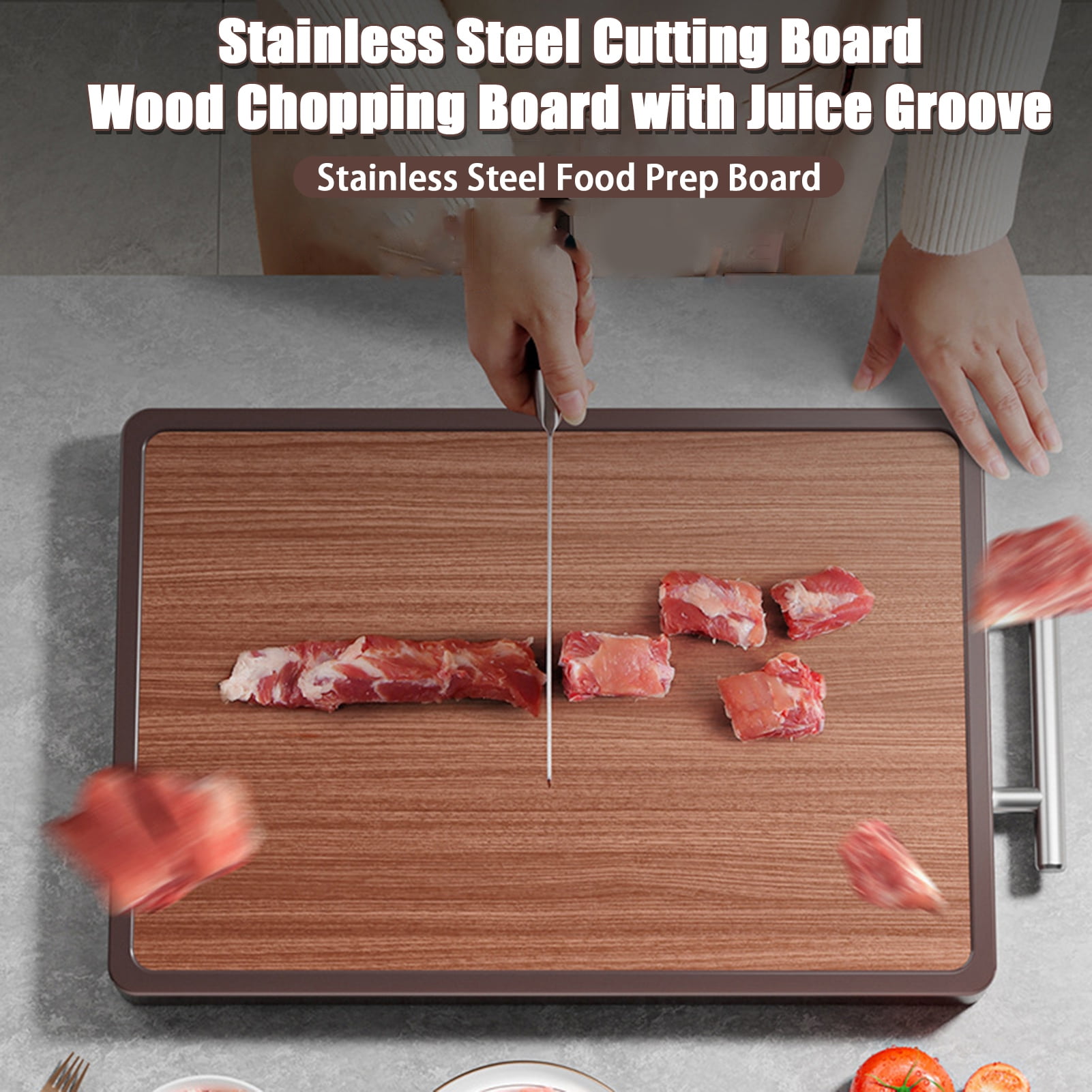 sunsanly Stainless Steel Wood Cutting Board with Juice Slot Double ...