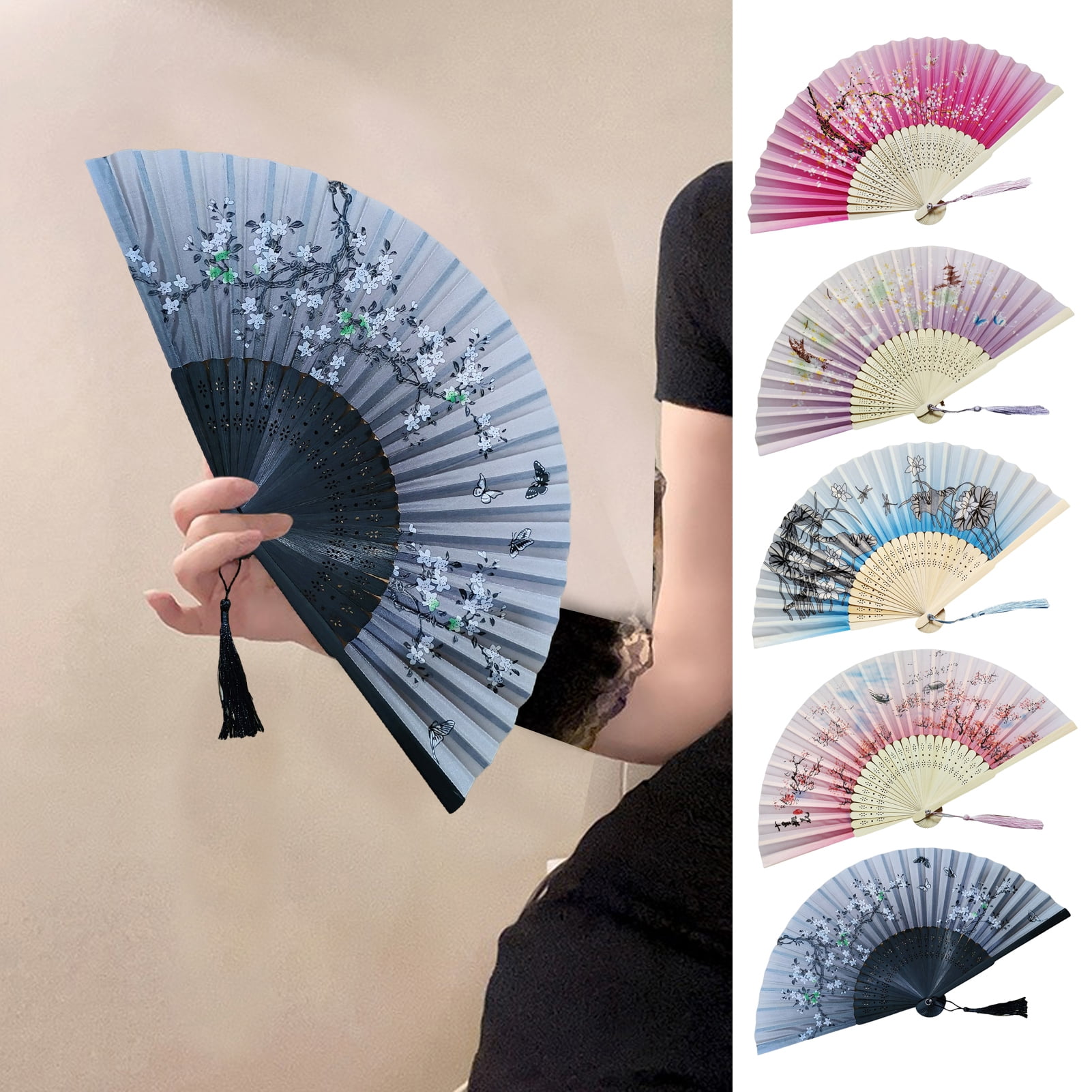 sunsanly Vintage Bamboo Folding Hand Fan Imitation Silk Floral Pattern ...