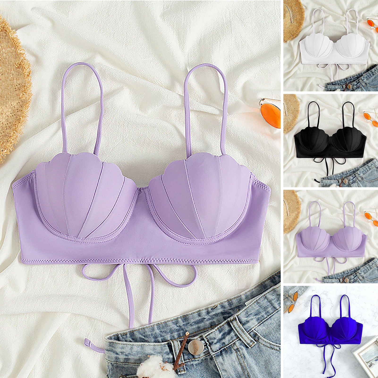 Sunsanly Women Bikini Bra Push Up Padded With Wire Spaghetti Strap Solid Color Swimming Seashell