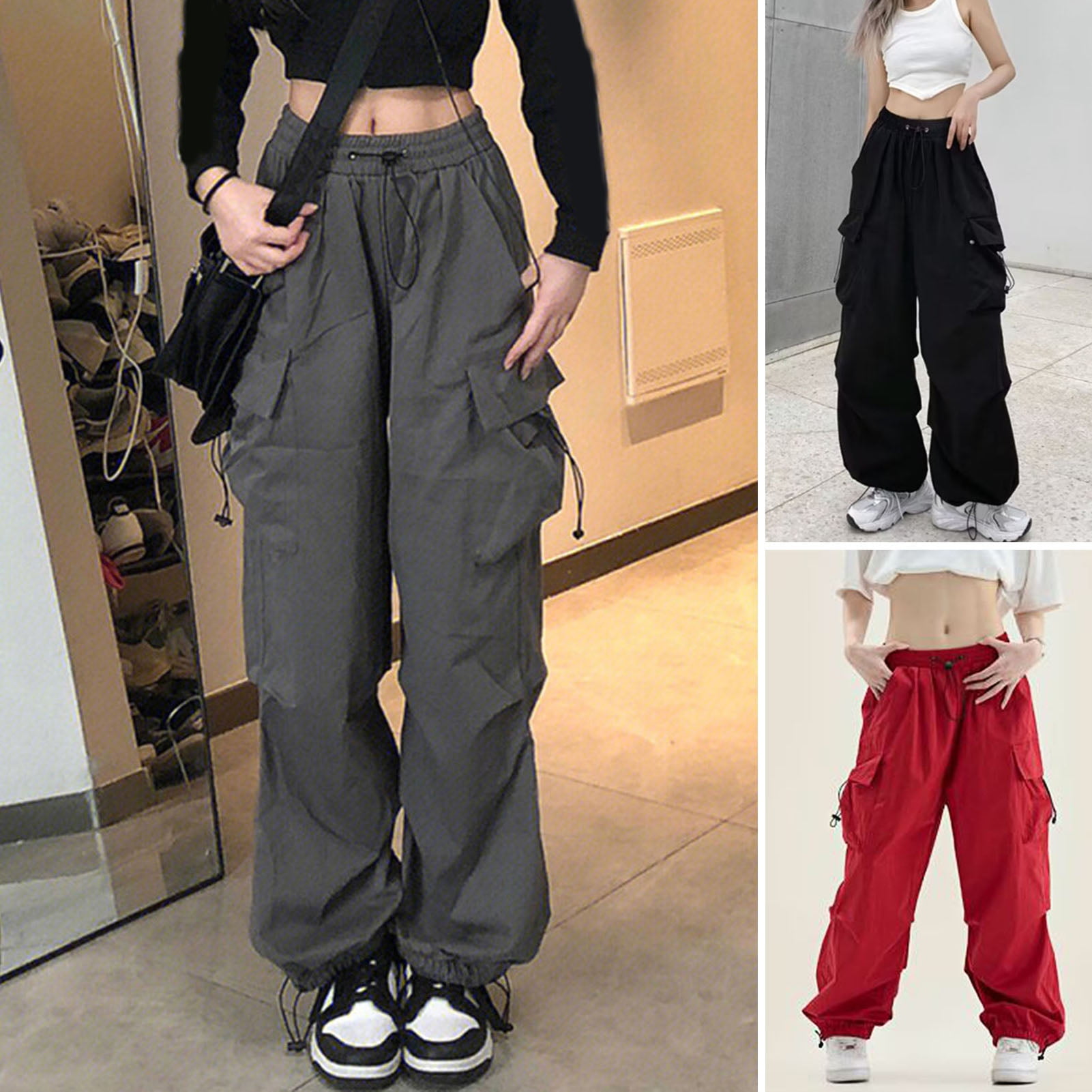 sunsanly Women Cargo Pants Hip Hop Elastic Waist Drawstring Loose Solid ...