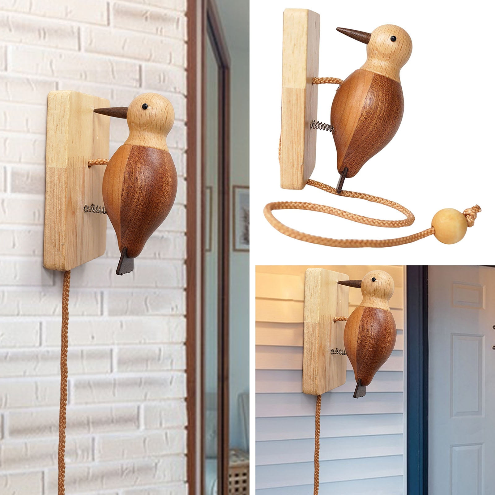 sunsanly Woodpecker Doorbell Wooden Handmade Self-Adhesive Woodpecker ...