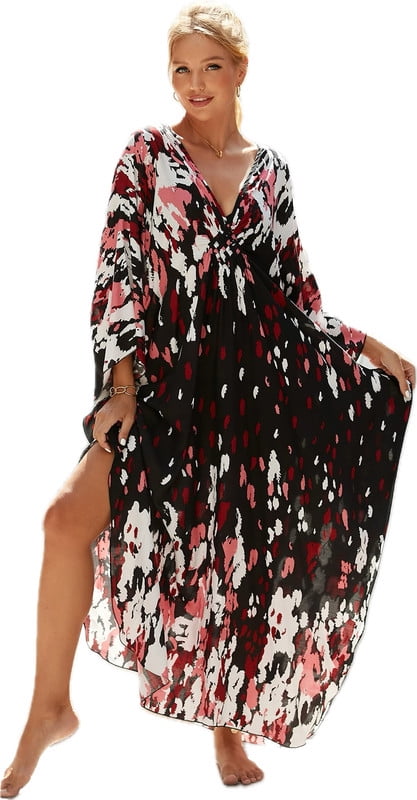 Cfcsrp Caftans for Women Plus size Red Flowers Kaftan Dresses Swimsuit Cover up Beach Maxi ...