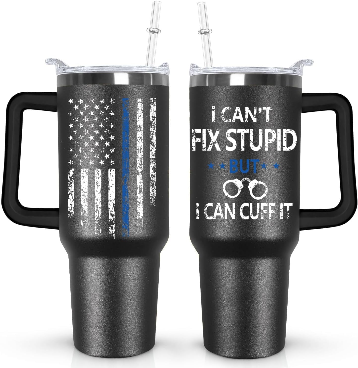 supuu 40 oz Police Tumbler with Handle lid and Straw,American Flag Blue ...