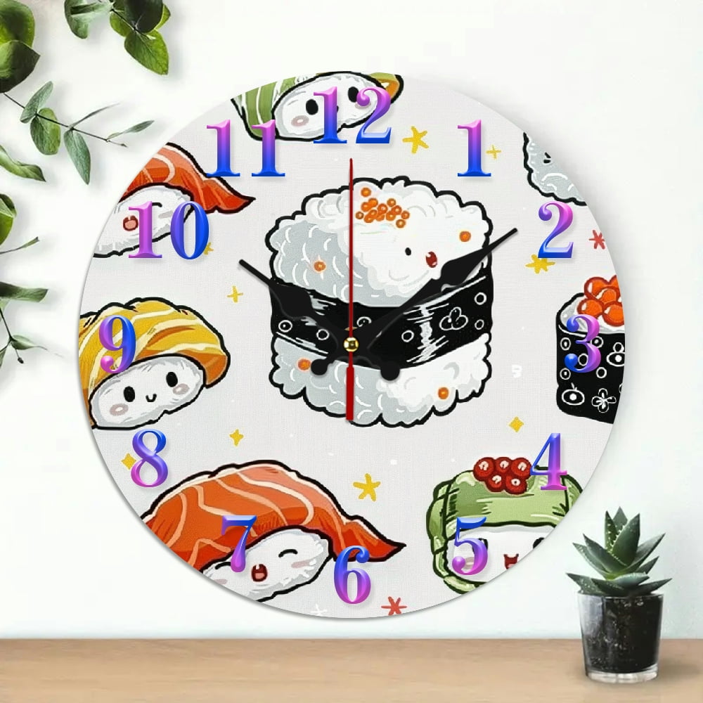 sushi kawaii Round Clock, Wall Decor for Linving Room Battery Operated ...
