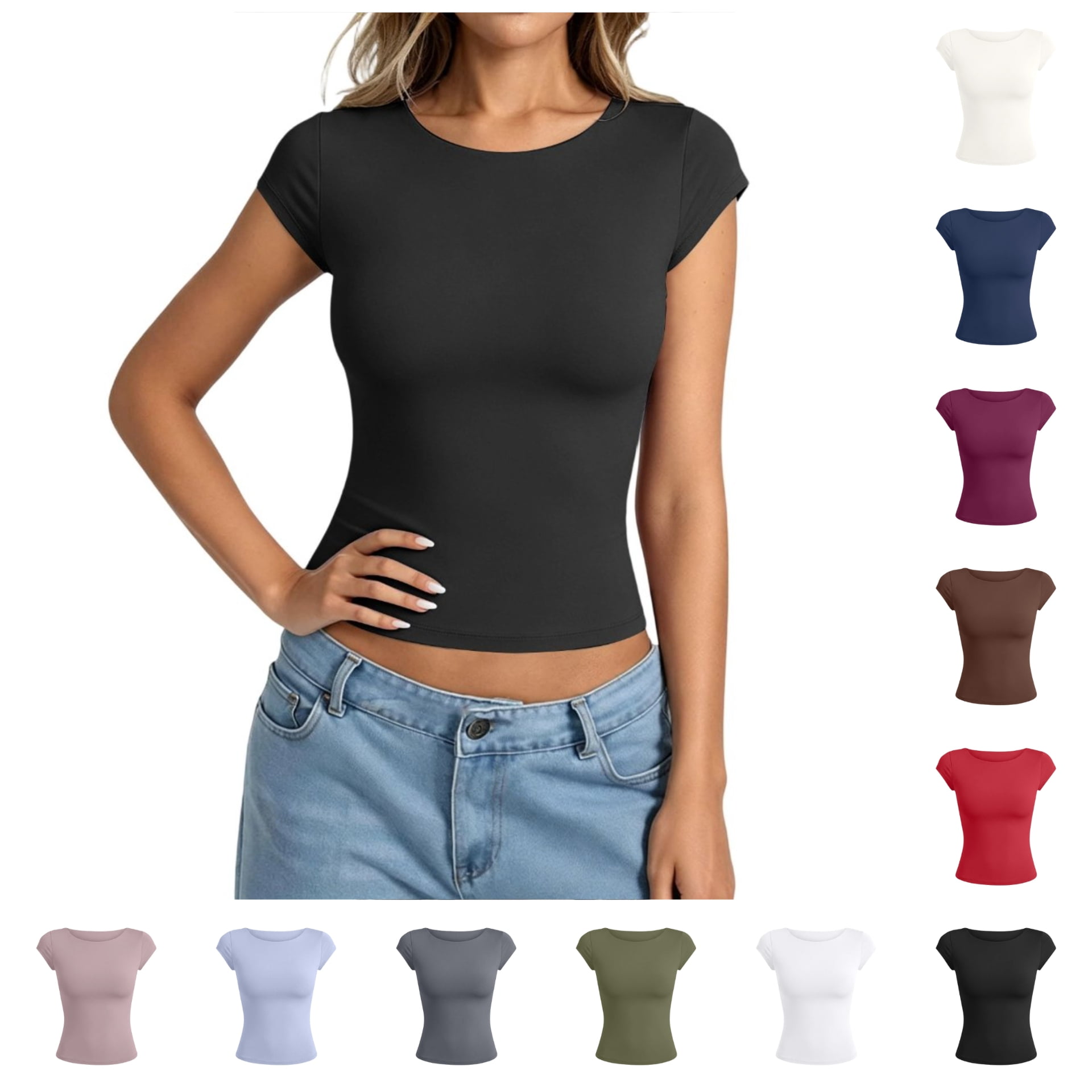 sususu Womens Double Lined Cap Sleeve Tops Cute Boat Neck T Shirts Slim ...