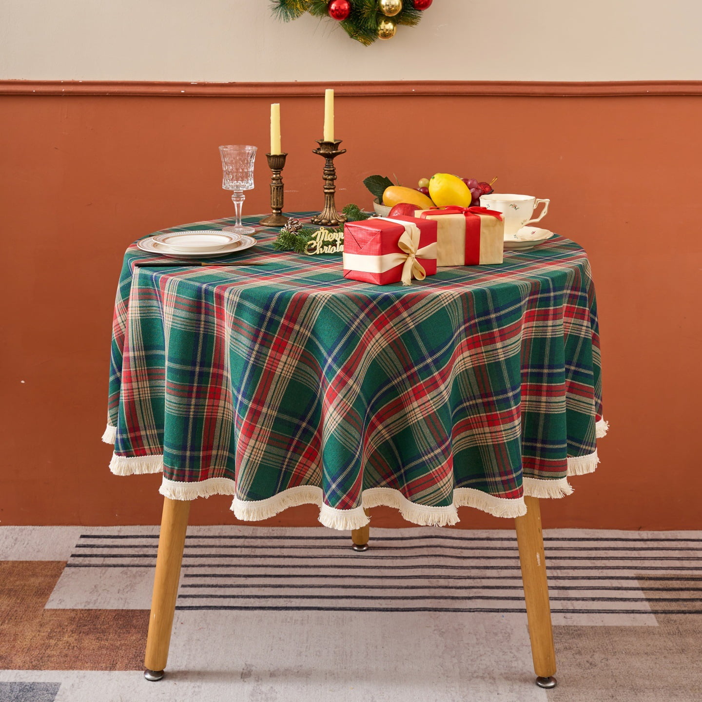 suxuMhao Round Plaid Tablecloth, 47IN Diameter Red + Green Table Cloth ...