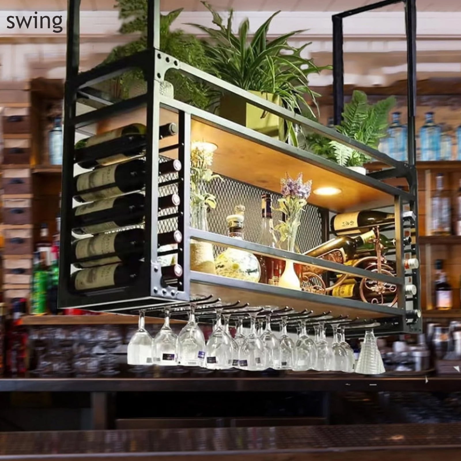 swing Ceiling Wine Glass Rack, Hanging Wine Rack with Glass Holder and ...