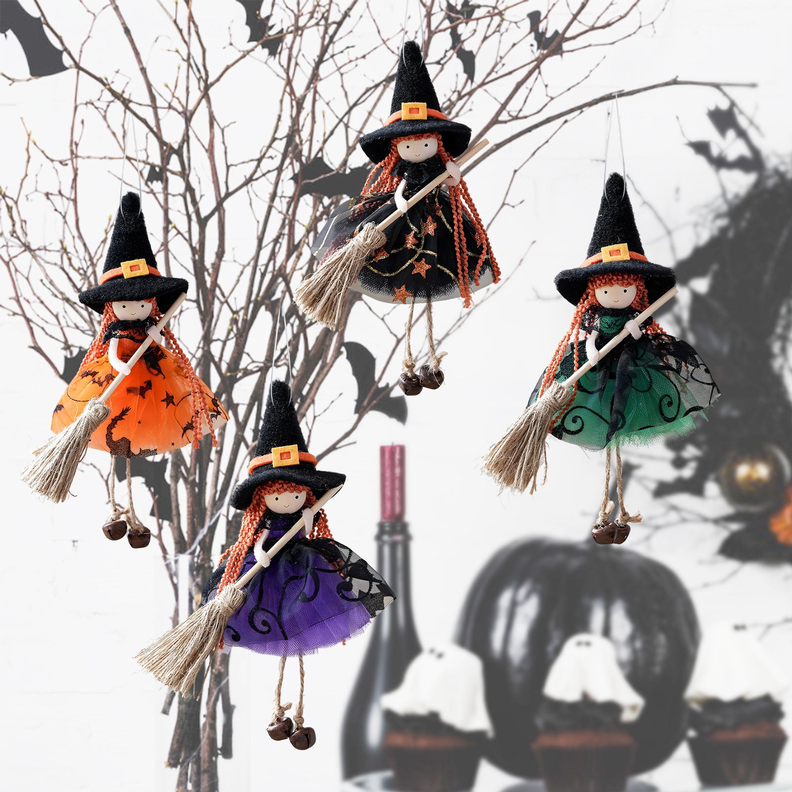 syligr 4Pcs Halloween Witch with Broom Hanging Decor,Witch Doll Ornamen ...