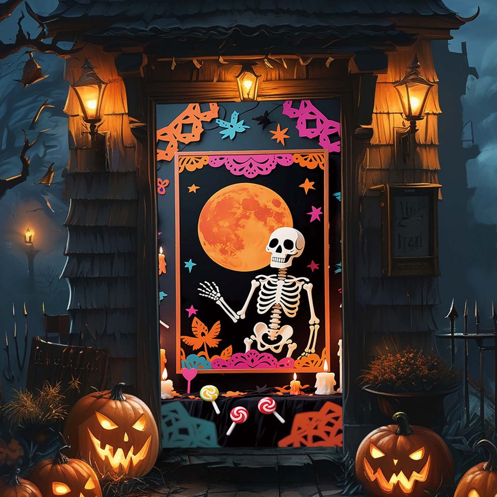 syligr Halloween Door Curtain - Pumpkin Ghost Bat Skeleton & Spider ...